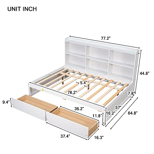 Harper & Bright Designs Full Bed with Storage Drawers and Side Bookcase, Solid Wood Platform Frame, Full Size Daybed Sofa for Bedroom Living Room (Full Size, White) White(side Bookcase)