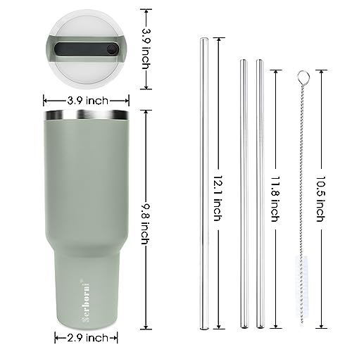 Serborni 40 oz Tumbler With Handle and 3 Straws Lid, Insulated Tumblers Stainless Steel Travel Coffee Mugs For Hot and Cold(Bay Leaf)