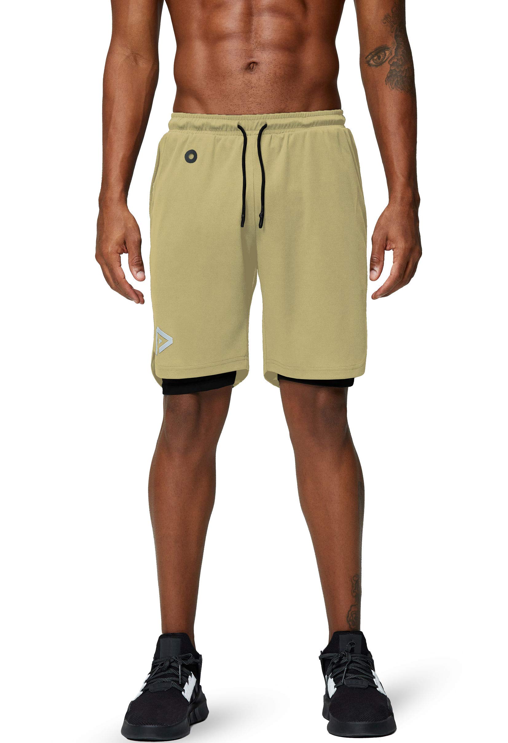 Pinkbomb Men's 2 in 1 Running Shorts Gym Workout Quick Dry Mens Shorts with Phone Pocket (Khaki, Medium