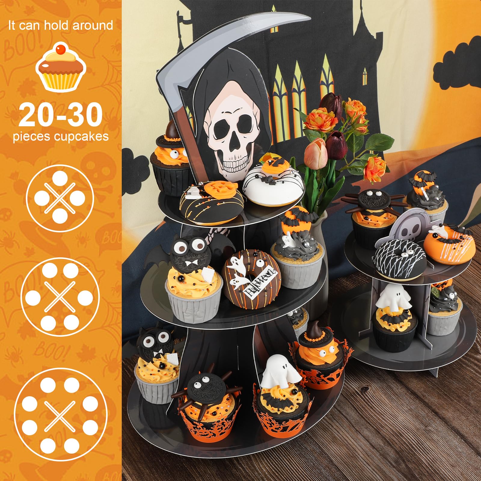 Halloween Cupcake Stand for 24 Cupcakes, Death and Tombstone Halloween Cupcake Decorations, Cardboard Cupcake 3 Tier and 2 Tier Set, Halloween Party Supplies. (Death)