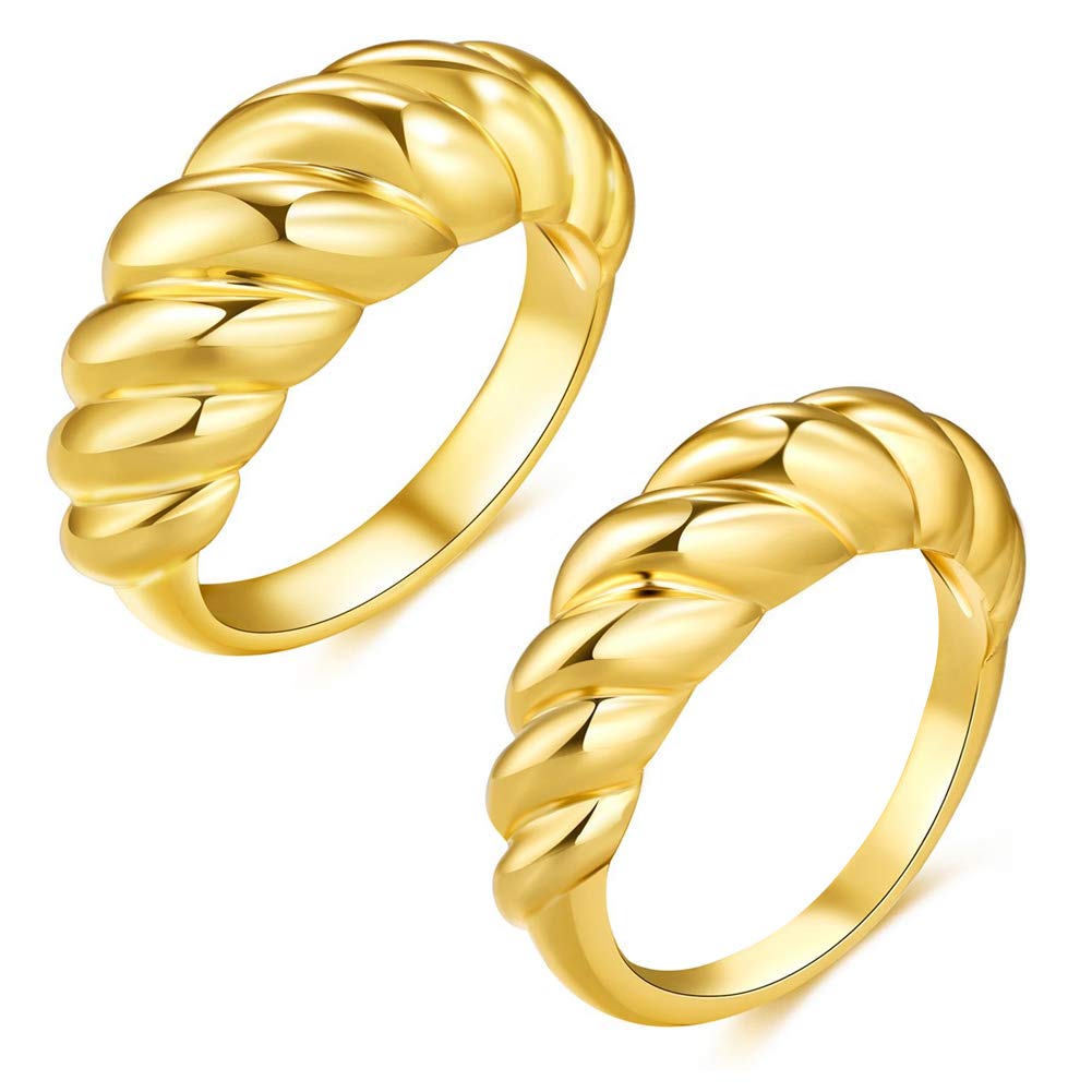 CLASSYZINT 14k Gold Plated Croissant Dome Chunky Rings Set Braided Twisted Stackable Band Simple Trendy Gold Rings for Women Girls Size 6-10…