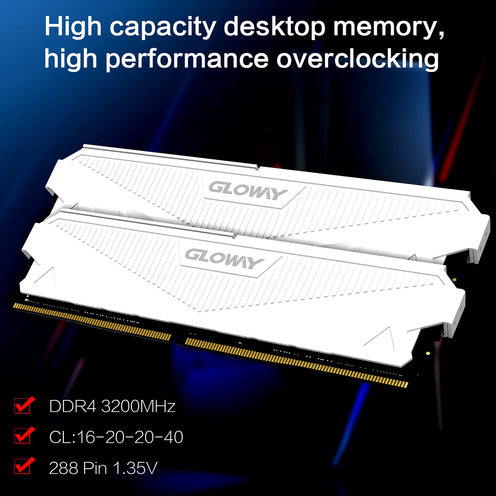 DDR4 Ram,16GB (2 x 8GB) 3200MHz(PC4-25600) CL18 1.35V 288-Pin Gloway DDR4 UDIMM Aluminum Desktop Compter Memory Kit- White