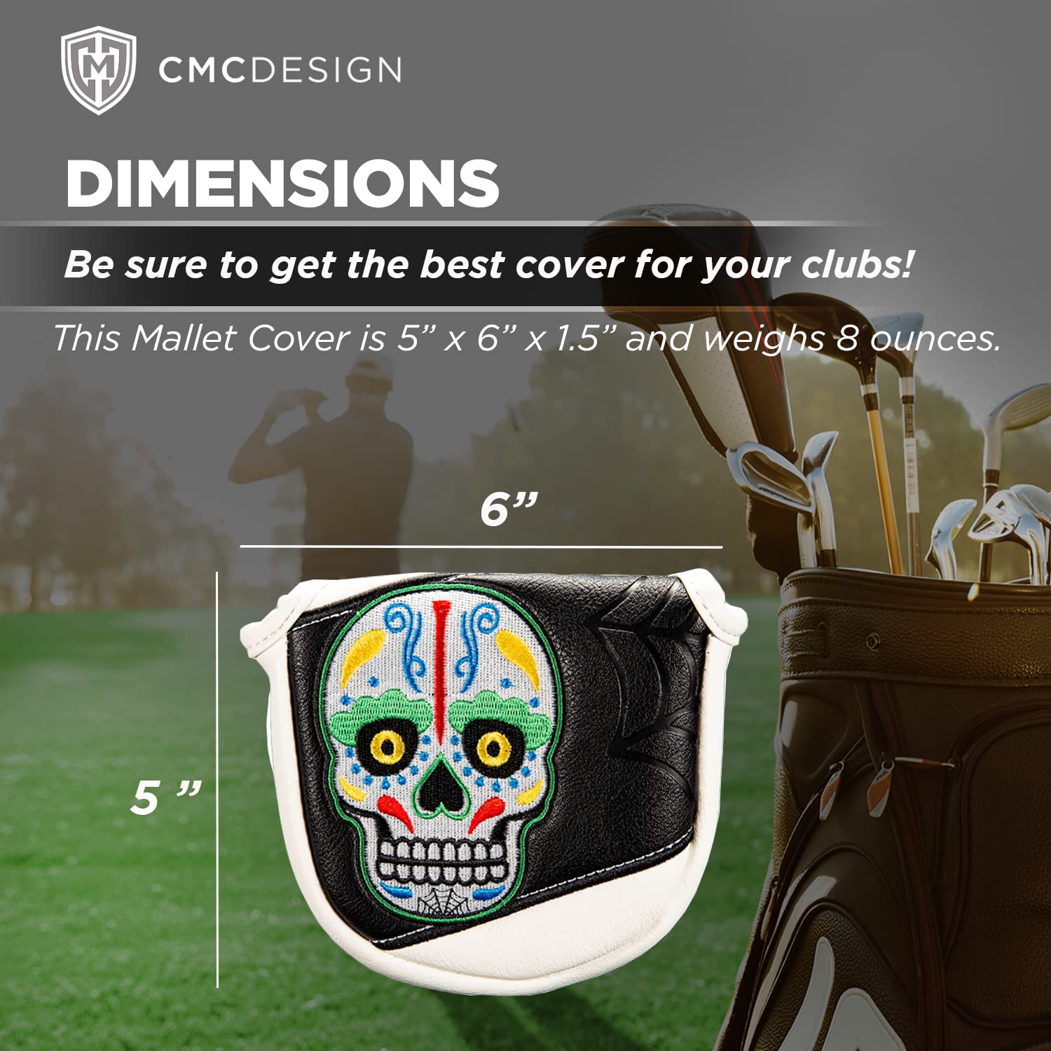 CMC Design Golf Mallet Head Cover - Custom Sugar Skull with Web Embroidered Golf Driver - Premium Faux Leather, Beautiful Design Elements & Soft Protective Lining – Great Fit for Any Mallet & Golfer