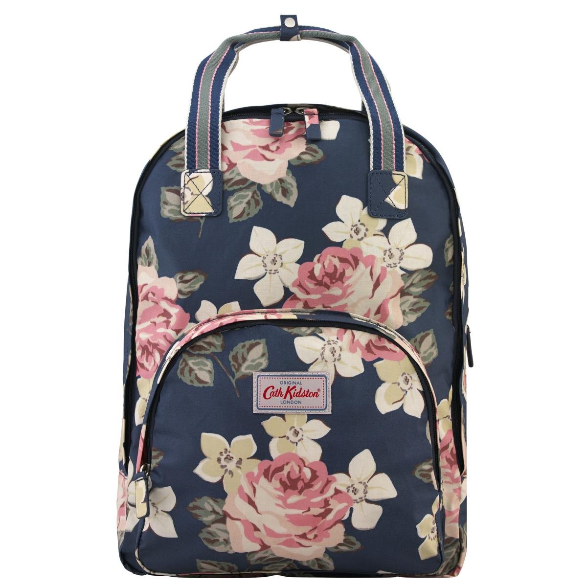 Cath Kidston Matt Oilcloth Multi Pocket Backpack Fitting 13" Laptop Rucksack Richmond Rose Floral Pattern in Dark Navy Color Background
