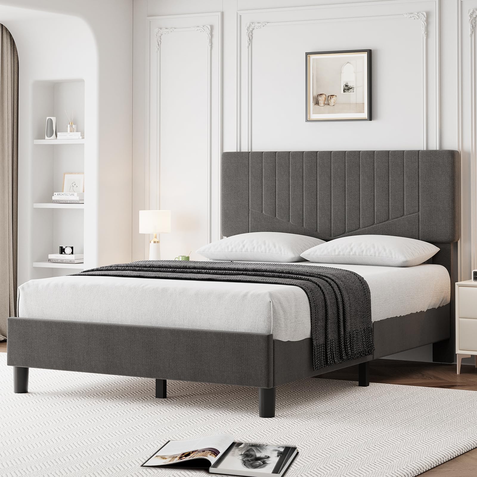 GarveeHome Grey Queen Bed Frame Upholstered Platform with Adjustable Headboard, Adjustable Modern Vertical and Diagonal Striped Headboard, Mattress Foundation, Easy to Assemble