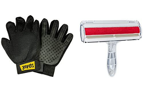 YEPETS 2 pcs Pet Hair Removing Kit - 1 Hair Remover Brush & 1 Pet Grooming Gloves (Black) - Perfect Design for Removing Dogs and Cats Hair