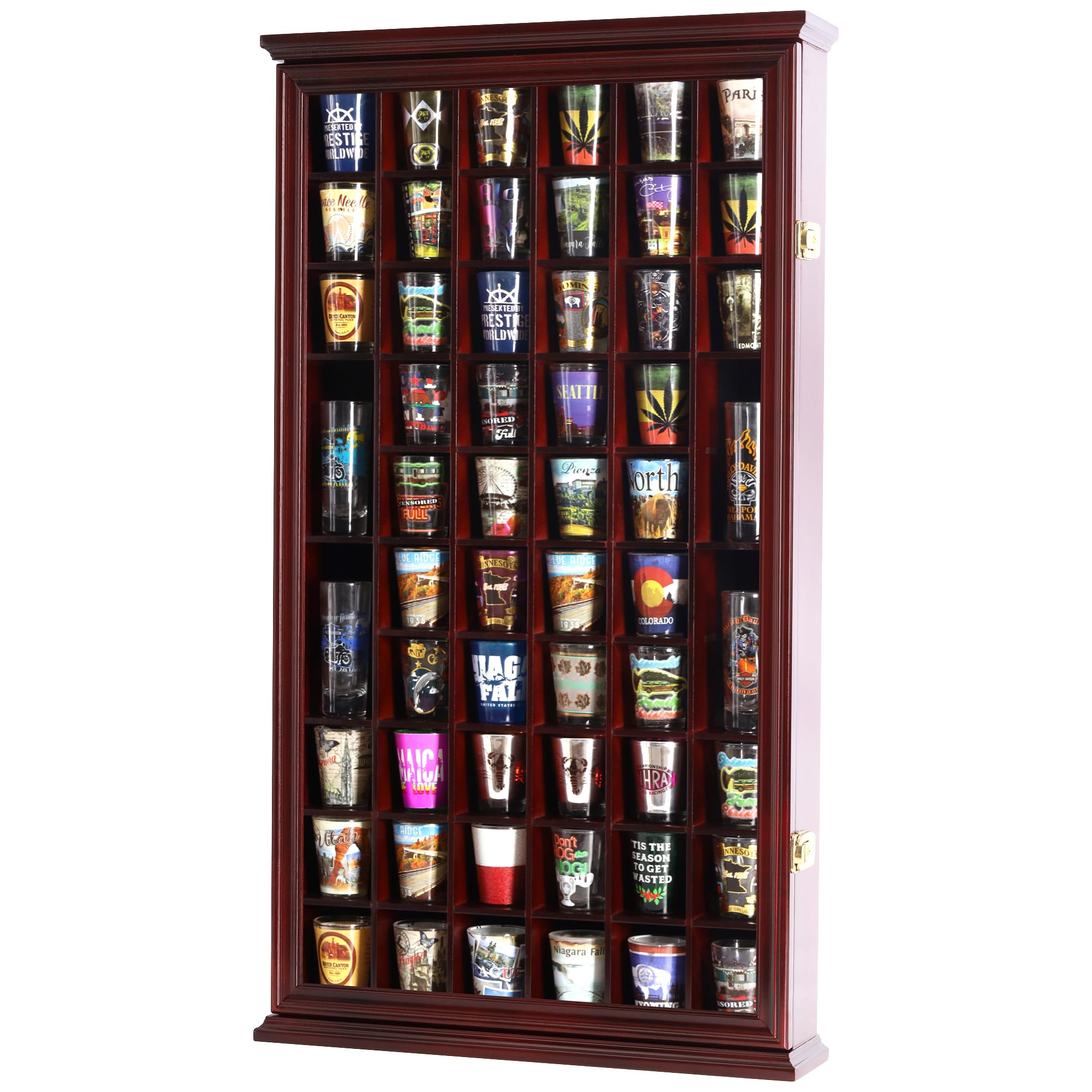 DisplayGifts Solid Wood Shot Glass Shooter Display Case Holder Cabinet Wall Rack Hinged Glass Door 56 Slot Cherry Finish