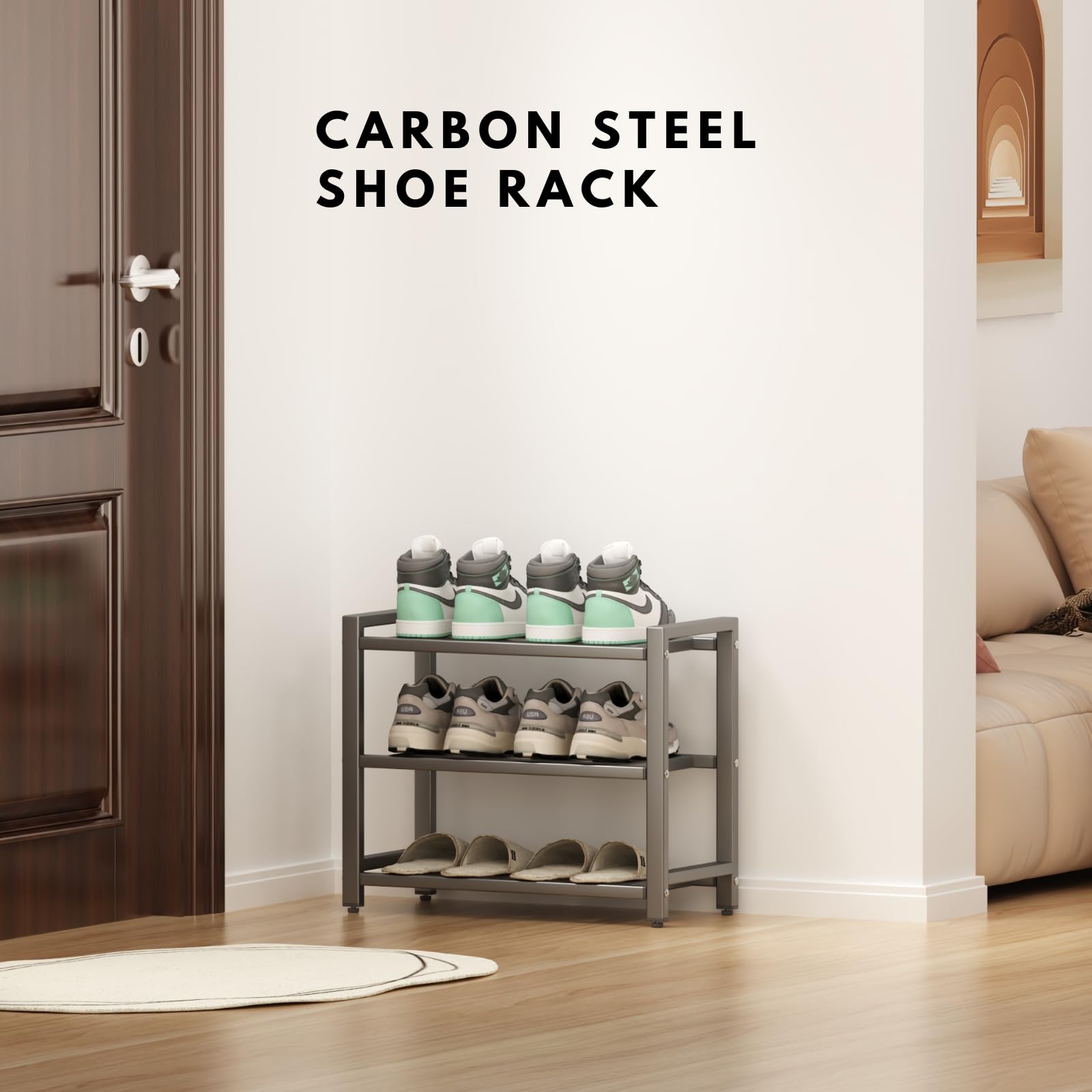 Karakara 3-Tier Metal Shoe Rack Organizer, Durable, Corrosion-Resistant Design for Closet and Garage Storage, Free Standing with Enhanced Stability, Large Capacity (19" W x 15.5" H)
