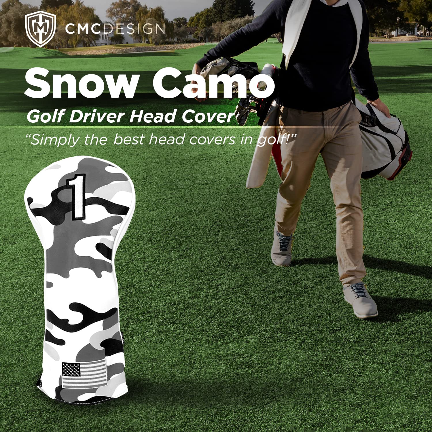 CMC Design Custom Snow Camo Embroidered Golf Driver Head Cover - Glove Soft Lining - Design Elements Include Applique and Embossing - Great Fit on Any Club as Golf Head Covers, Wood Driver Cover