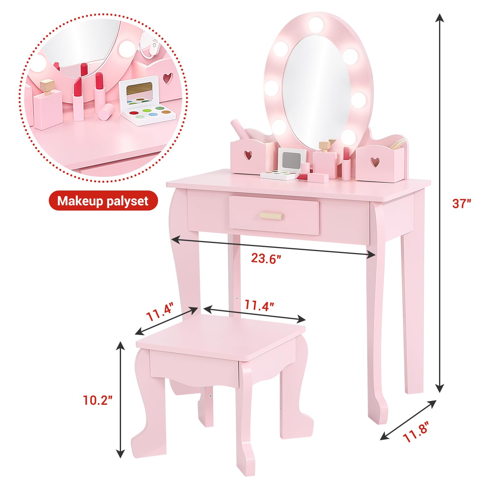 GarveeHome Kids' Vanity Set with Mirror and Light, Makeup Table and Stool for Girls, Vanity Table and Chair Set with Wood Makeup Playset for 4-9 Girls, Pink (Batteries Not Included)