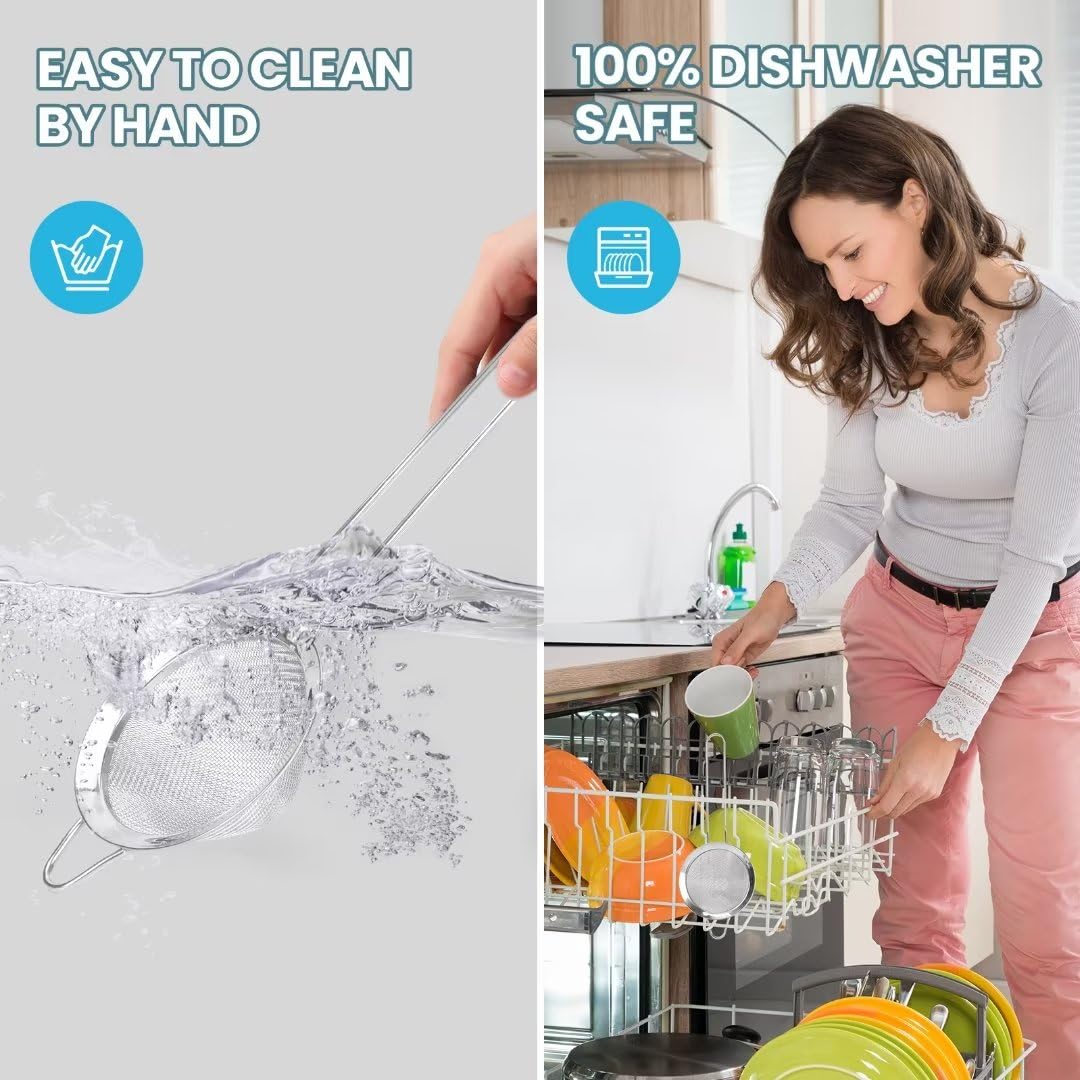CUNSENR Premium Fine Mesh Tea Strainer - Stainless Steel Cocktail Strainer for Drink - Small Strainers for Kitchen, Tea Herbs, Juice, Coffee - Mini Strainer for Juicing - Easy to Use & Clean, Silver