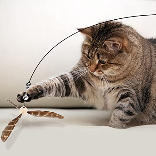 Jetczo Cat Feather Toys, Cat Wand Toys, Interactive Cat Toys with 3 Feather Refills, 30.7β Steel Wheel with Feather Bell for Kitty Kitten (Windmill Feathers)