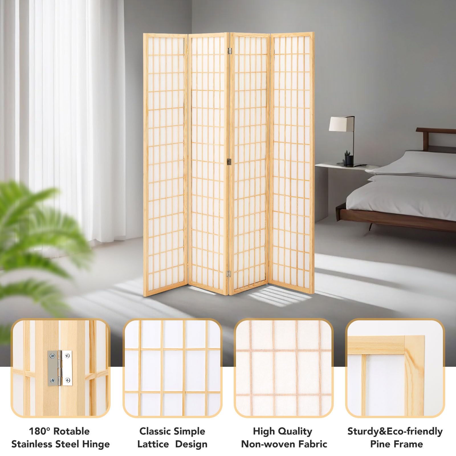 JOSTYLE Room Divider Wall Shoji Screen, 6 Panel Folding Privacy Screen for Room Separation, Japanese Wood Room Divider Screen, 5.9 Ft, Natural