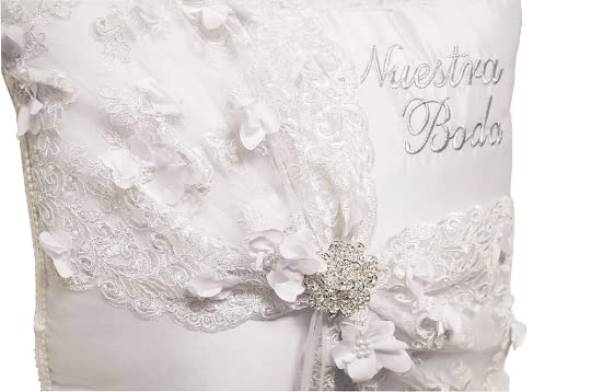 Set of 2 White Wedding Kneeling Pillows, Embroidered Nuestra Boda Kneeling Pillows, Satin and Lace Kneeling Pillows, White/Silver