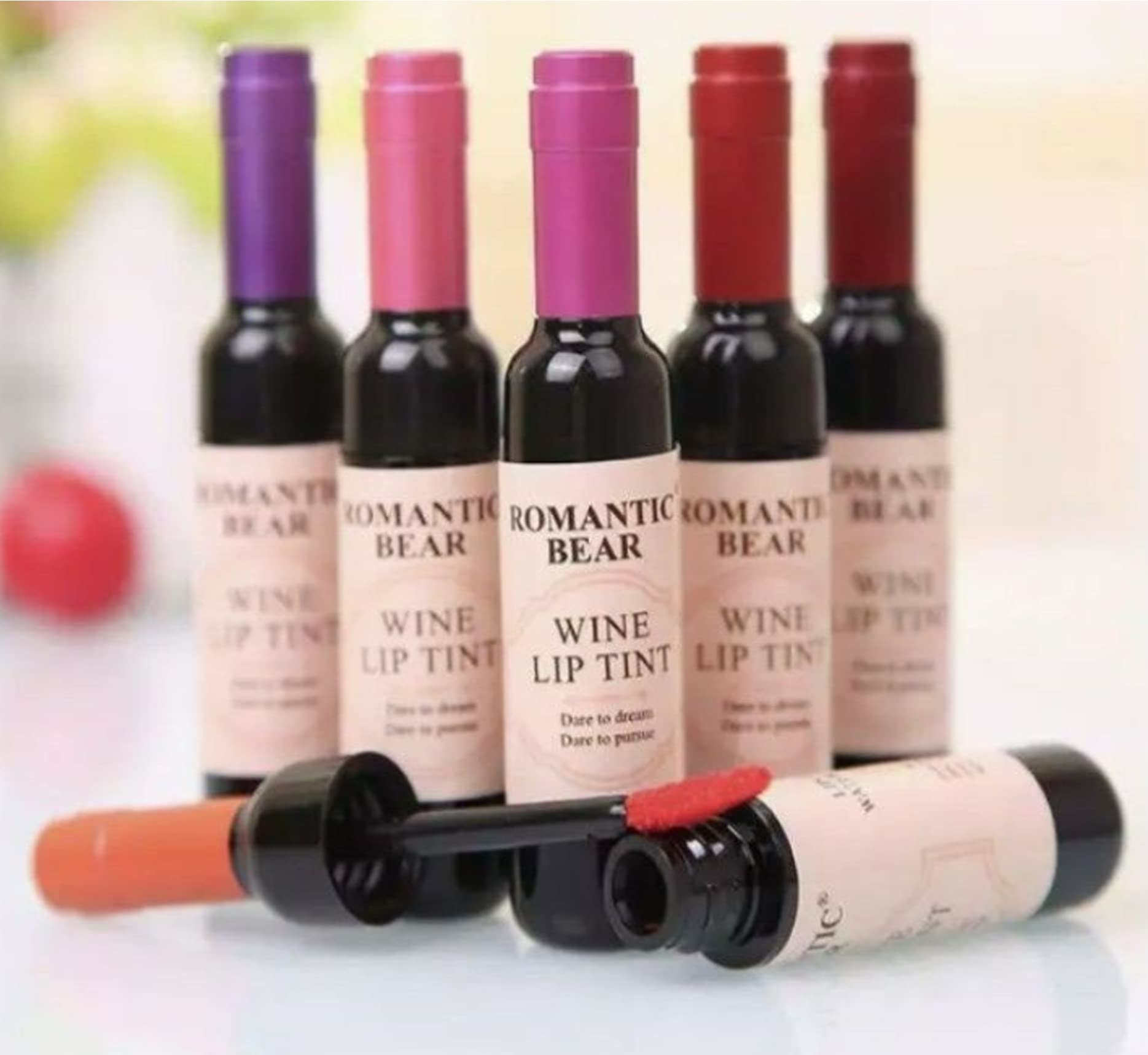 DEALPLUSDEAL ROMANTIC BEAR Wine Lip Tint - 6 Pcs Set Long Lasting Color Waterproof Wine Bottle Design Lip Gloss Lip Makeup Liquid Lipgloss