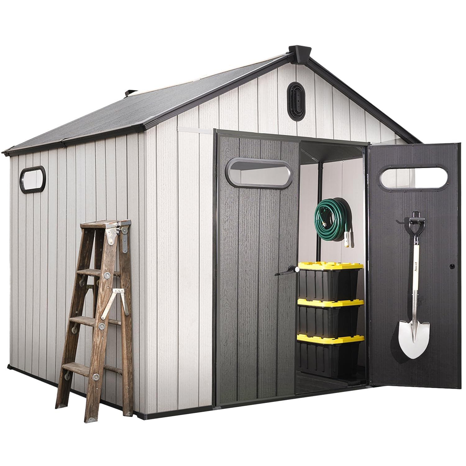 EconoHome 8x8 Ft Outdoor Storage Shed with Floor - Waterproof Shed with Lockable Door for Garden - Backyard, Tool Storage Use - Grey