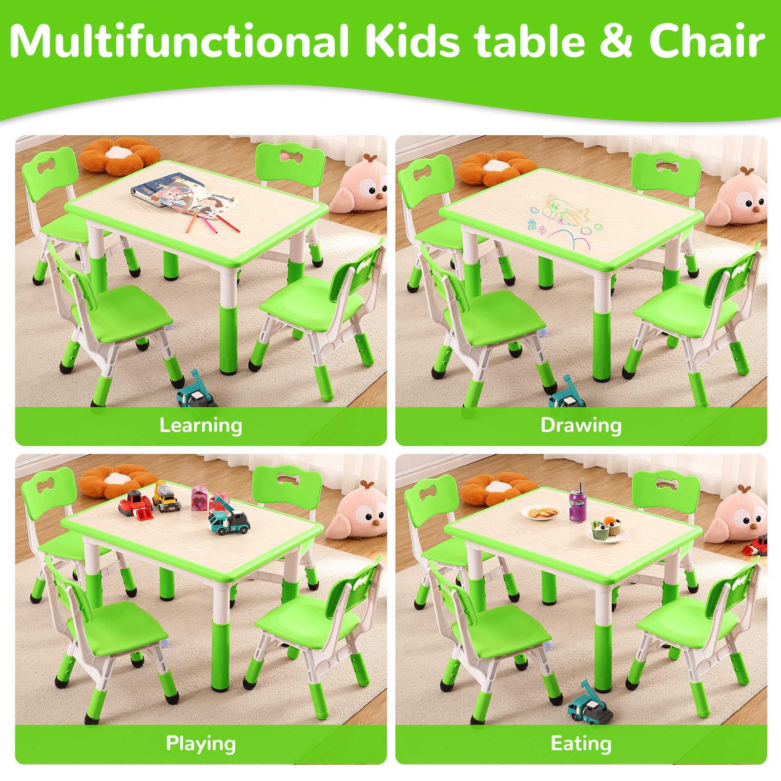 GarveeHome Kids Table and 4 Chairs Set, Toddler Height Adjustable Desk with Graffiti Desktop, Non-Slip Legs, Max 300lbs,Arts & Crafts Table,Children Multi-Activity Table for Classrooms,Home,Daycares