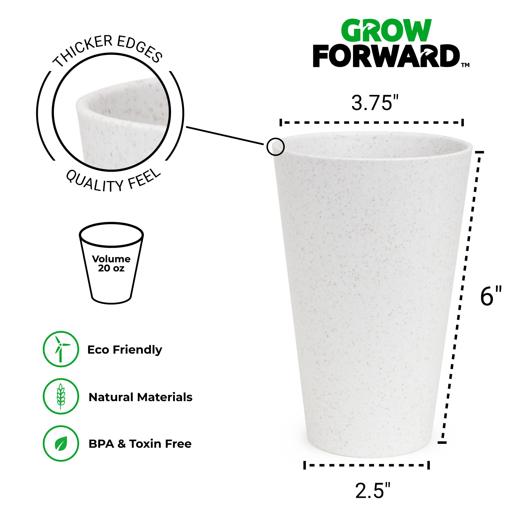 Grow Forward Premium Wheat Straw Cups - Set of 8 Unbreakable BPA Free Reusable Hard Plastic 20 oz Drinking Glasses for Water, Camping, RV - Large Tumblers for Kitchen - Midnight