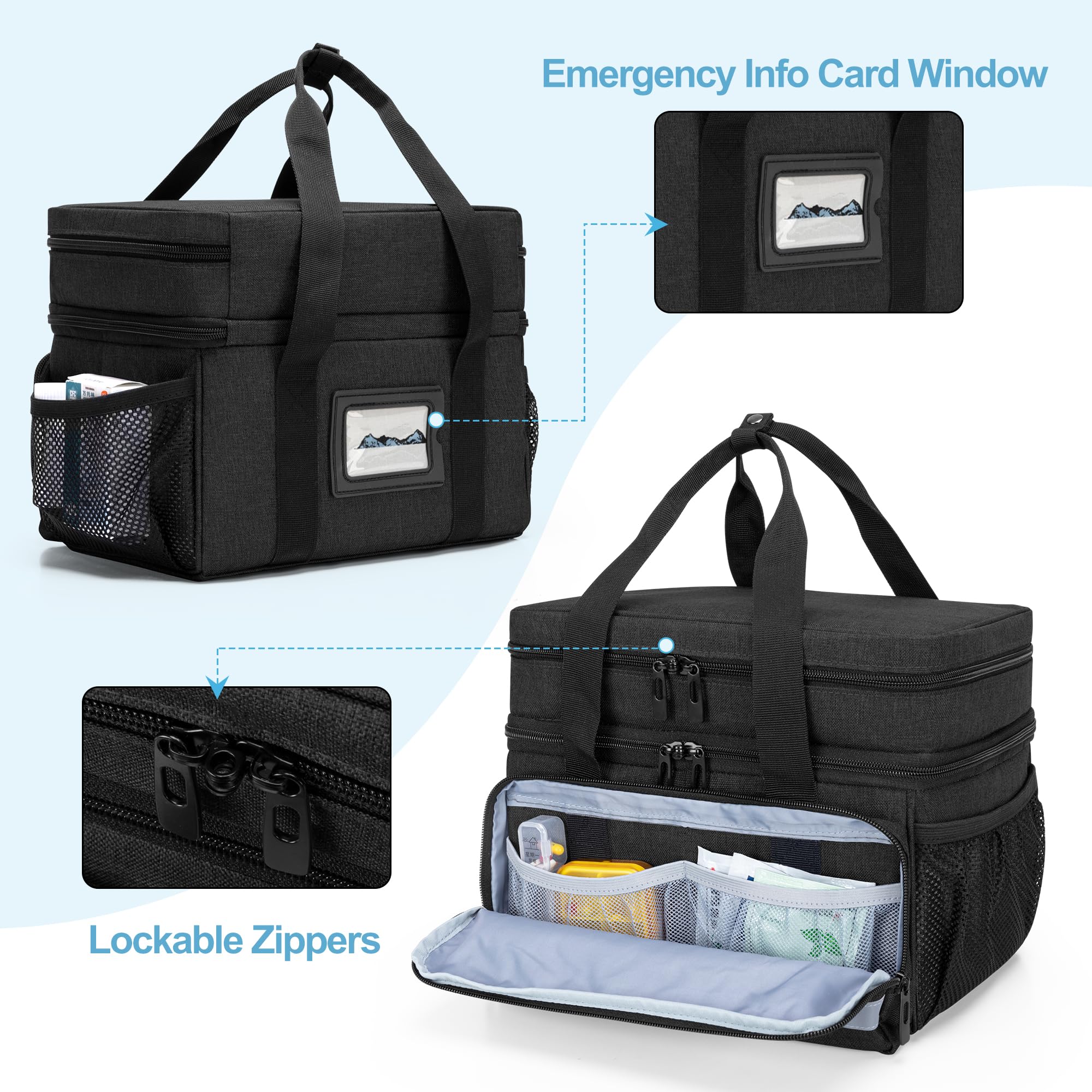 CURMIO Double Layers Pill Bottle Organizer Bag Empty, Medicine Organizer Storage Case with Lockable Zippers, Medication Travel Bag for Prescription Bottles, Medical Supplies, Black (Patent Design)
