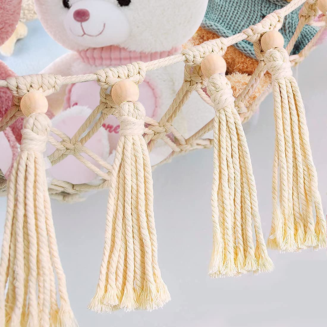 ROPECUBE Hanging Stuffed Animal Hammock, Handmade Stuffed Animal Storage Organizer With Boho Macrame Style, Corner Plush Toys Storage Organizer for Nursery Kid Room Playroom