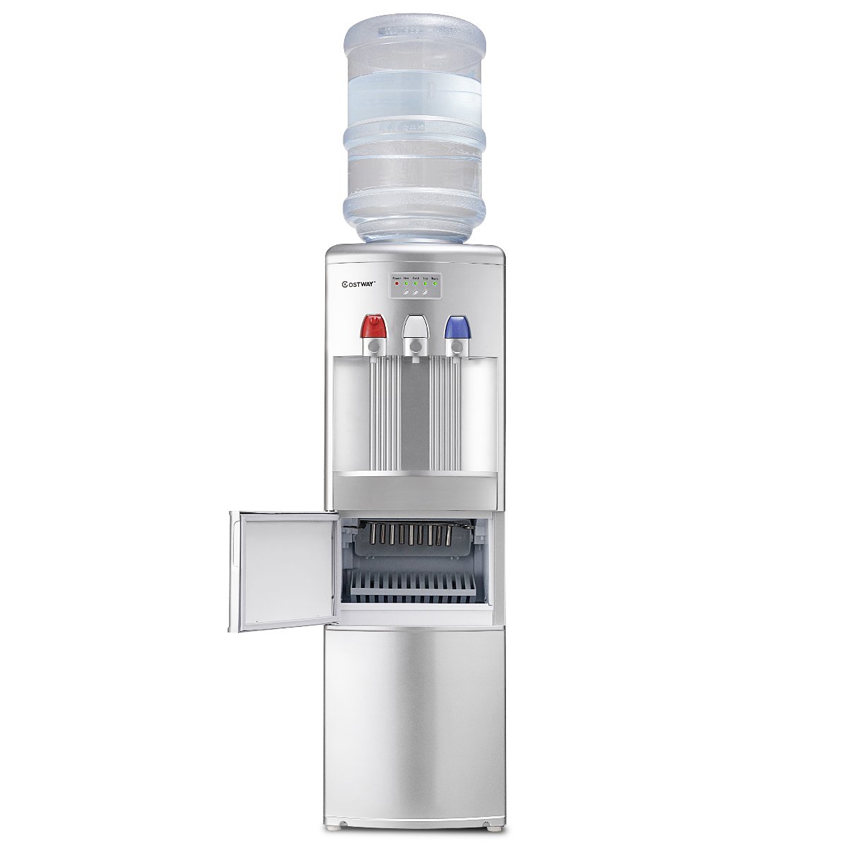 COSTWAY 2-in-1 Water Cooler Dispenser with Built-in Ice Maker, Freestanding Hot Cold Top Loading Water Dispenser, 27Lbs/24H Ice Maker Machine with Child Safety Lock, Silver