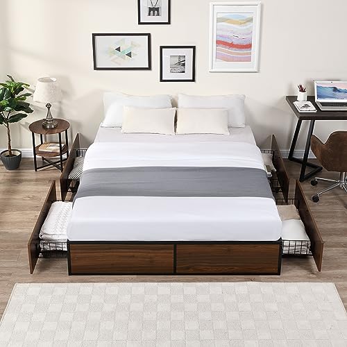 HAUSHECK Queen Size Bed Frame, Queen Platform Bed w/ 4 Large Storage Drawers on Wheels, Metal Bedframe No Box Spring Needed w/Strong Metal Slat Support Mattress Foundation for Kids, Teen & Adults