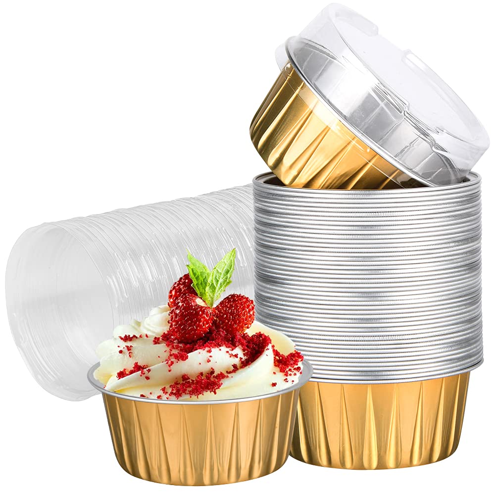 Disposable Ramekins with Lids, 25 Pack/ 5 oz Gold Aluminum Foil Dessert Baking Cups, Reusable Cupcake Liners Pudding Cups for Wedding, Christmas, Kitchen, Party, Various Holiday Parties