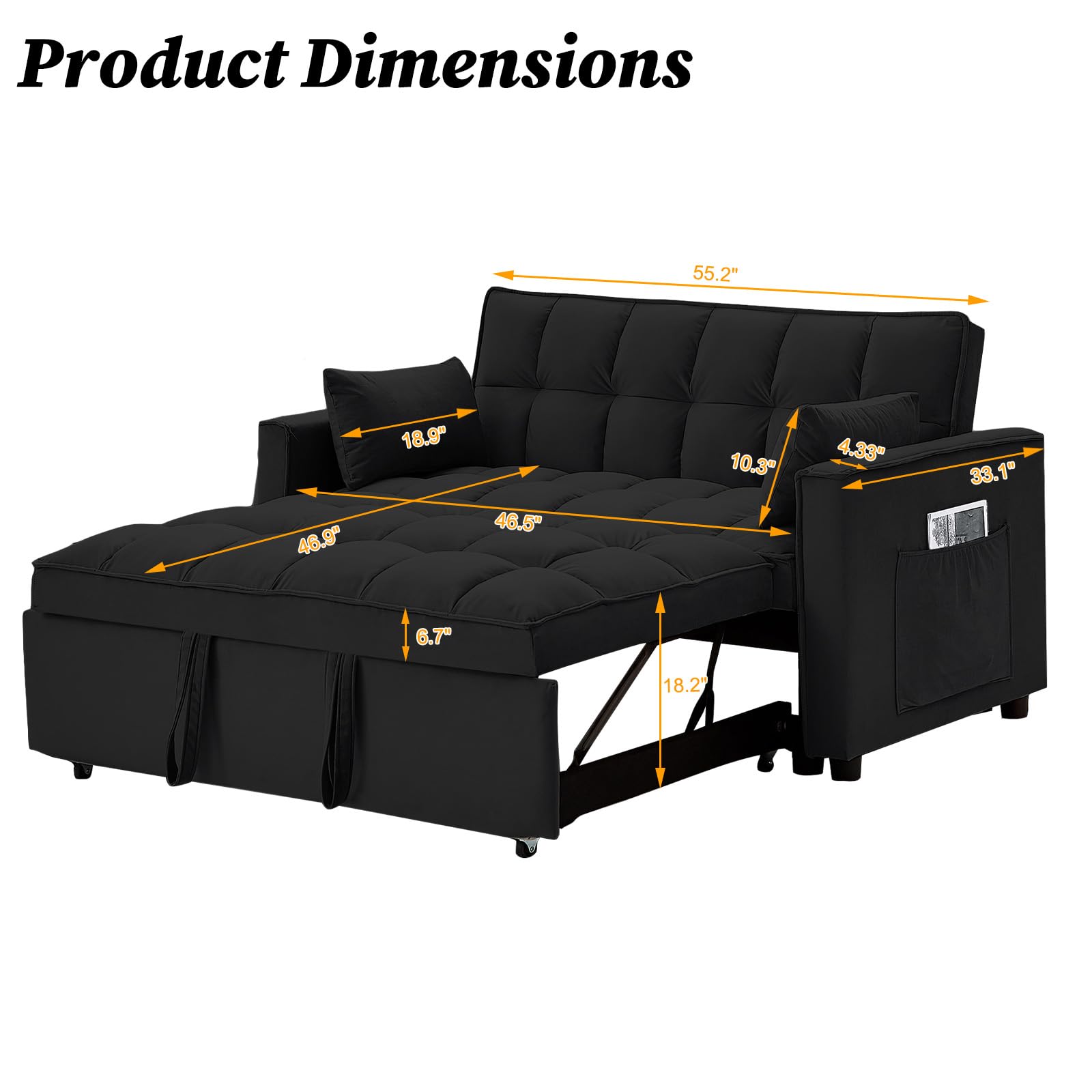 GarveeHome Modern 3-in-1 Velvet Loveseat Futon Couch Pull-Out Bed, Sofa Bed Couch Convertible Sleeper Sofa Bed with Adjustable Backrest, Storage Pockets with 2 Pillows for Living Room Bedroom, Black