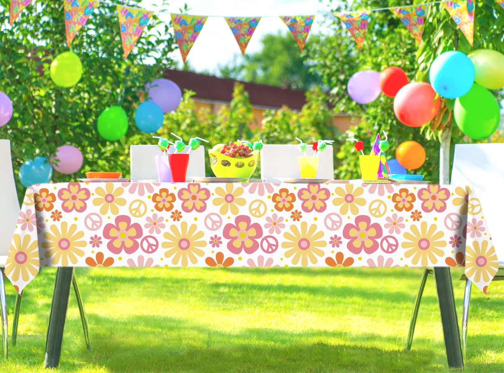 Buxiuer Groovy Tablecloth Retro Hippie Boho Daisy Birthday Party Decoration Disposable Plastic Table Cloth Waterproof Table Cover Dining Room Kitchen Decor 54 x108 Inch -Pack of 2