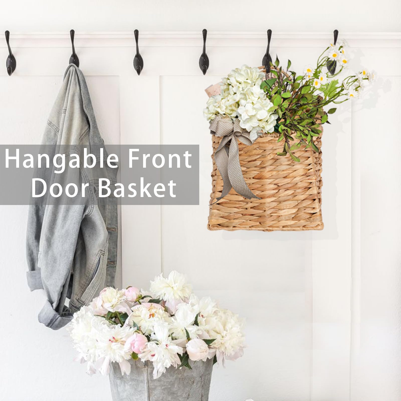 Hanging Basket, Woven Hyacinth,100% Handmade Wall Mount Storage Organize, Hangable Front Door Baskets for Flowers& Mail, Wicker Handmade Open Weave for organizing, Natural/Tan