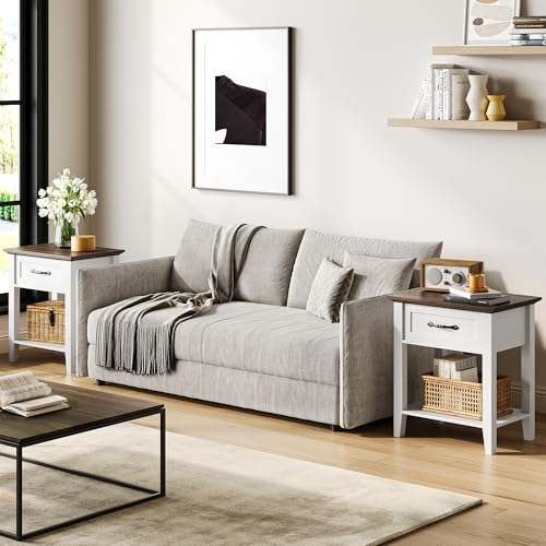 GarveeHome Nightstands, End Table with Drawer, Side Table for Living Room, 2 Tiers Storage Shelves Bedside Table for Study Room, Bedroom, Dorm, 2pcs-White