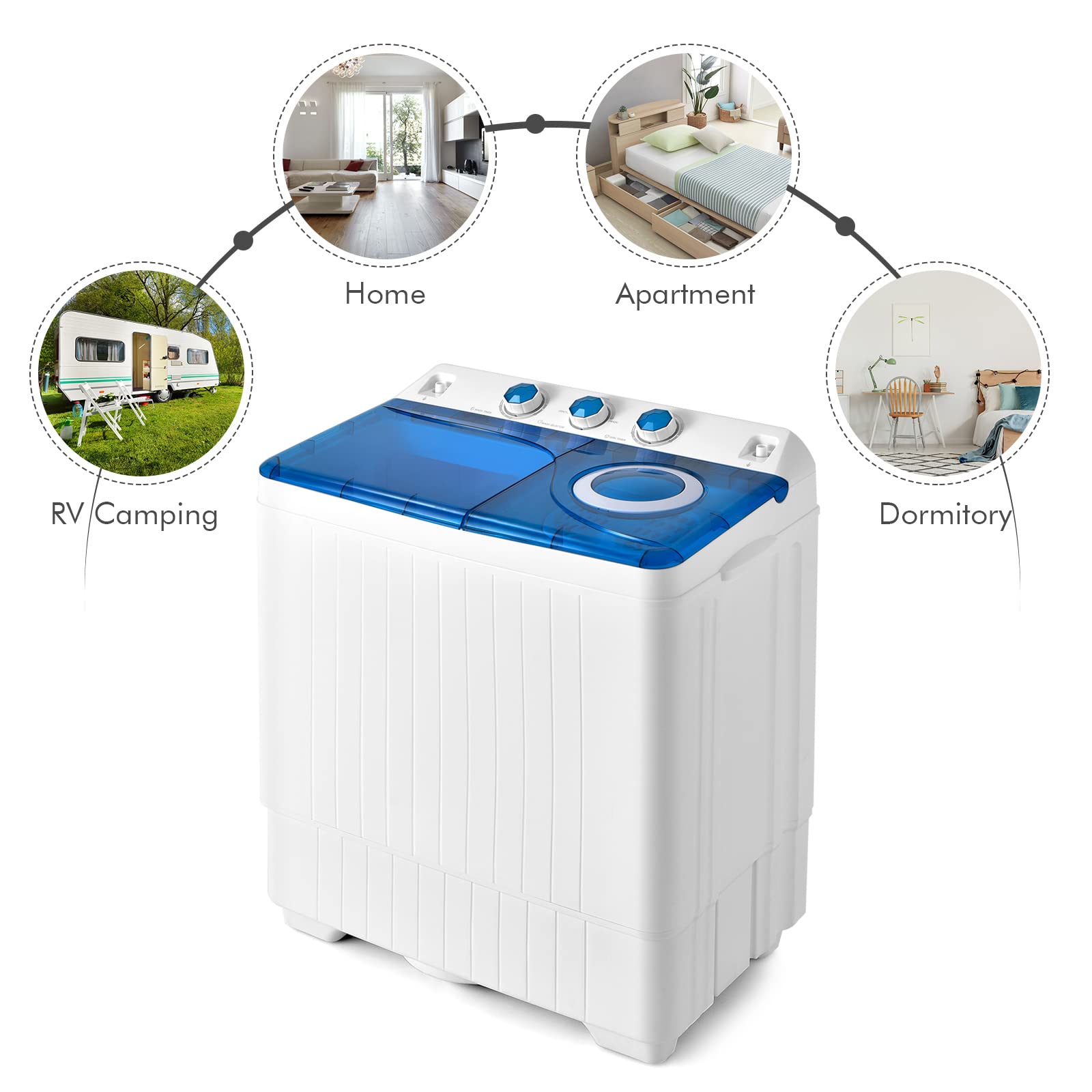 COSTWAY Portable Washing Machine, Twin Tub 26lbs Capacity Laundry Washer, 18lbs Washer and 8lbs Spinner Combo with Timer Knobs, Built-in Drain Pump, Compact Washer for Home Dorm Apartment, Blue+White