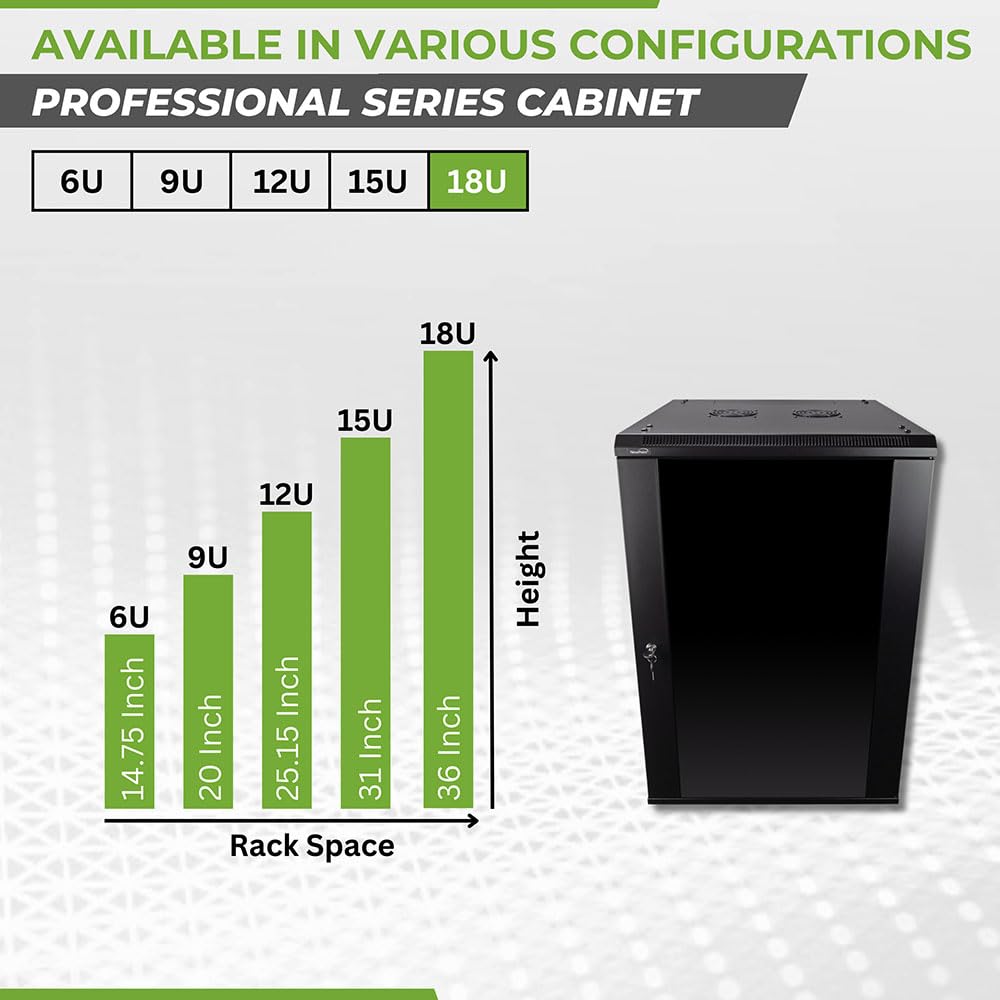 NavePoint 18U Server Rack Enclosure - 23.6β Deep, 18U Wall Mount Network Cabinet with Locking Glass Door for 19β IT Equipment, 18U Network Rack with 2 Fans, Removable Side Panels, Black