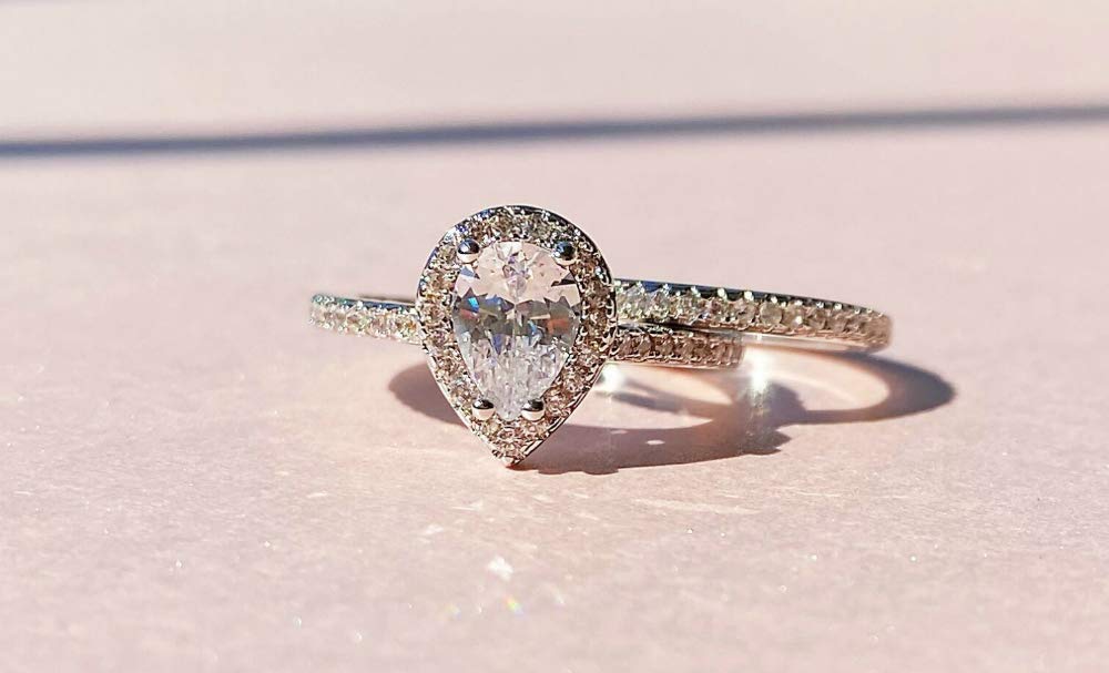 Classic Bridal Ring Set 0.75 Ct Pear Cut Teardrop Halo Ring Eternity Infinity Band Size 4-9 Half Sizes (Silver, 5.5)