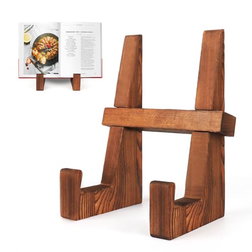 DEBETOOL Cookbook Stand for Kitchen - 8.8 inch Wooden Cookbook Holder for Kitchen Counter, Multifunctional Recipe Book Stand,Rustic Brown Recipe Book Holder Stand