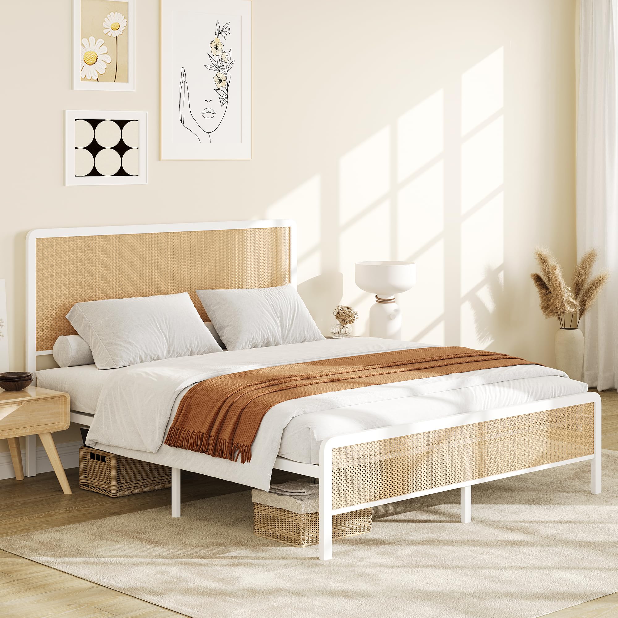 GarveeHome Queen Size White Rattan Bed Frame with LED Lights, Bed Frames with Rattan Headboard, Metal Rattan Platform with Under-Bed Storage, No Box Spring Needed, Noise Free