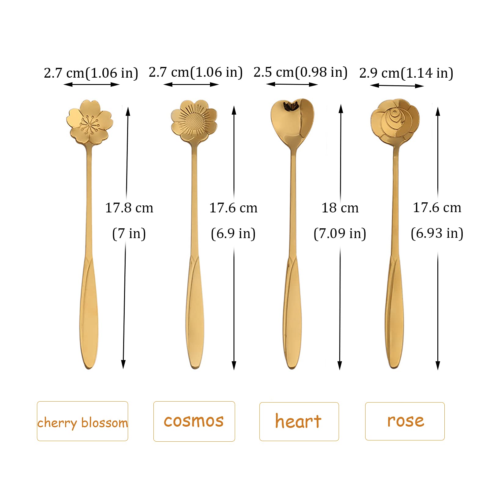 Diaertiny 12Pcs Flower Spoon Long Handle Coffee Dessert Stirring Ice Teaspoons Gold, Rose Gold, Rainbow Cocktail Stainless Steel Spoons for Bar Home Office Party