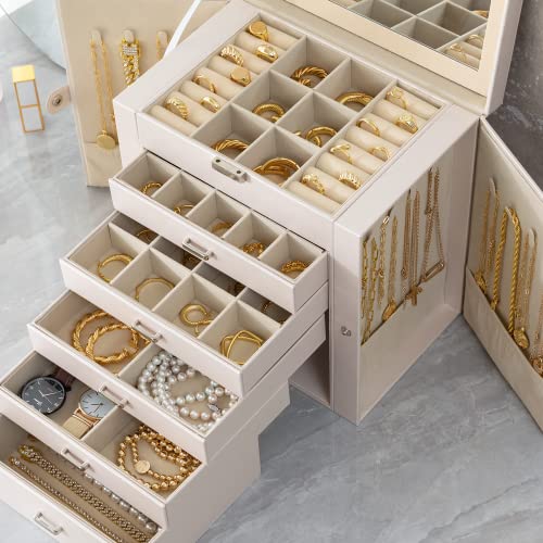 Large Jewelry Box Organizer Mirrored for Women 6 Layers Jewelery Orgainise Boxes with PU Leather,Tall White Black Jewellery Organize for Gift