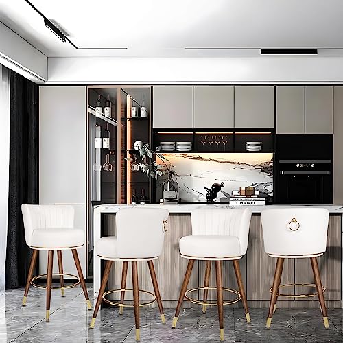 SeekFancy 27" Swivel Bar Stools Set of 4, Counter Heigh Bar Stools with Back, White & Gold Bar Stools with Wood Legs & Footrest, Upholstered Swivel Counter Stools,Leather Bar Chairs for Kitchen Island