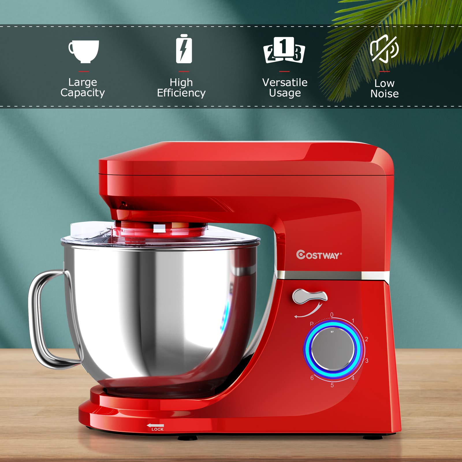 COSTWAY Stand Mixer, 7.5 Qt 6-speed 660W Tilt-Head Food Mixer with Pulse Function, Dough Hook, Whisk, Beater, Stainless Steel Bowl & Splash Guard (Red)