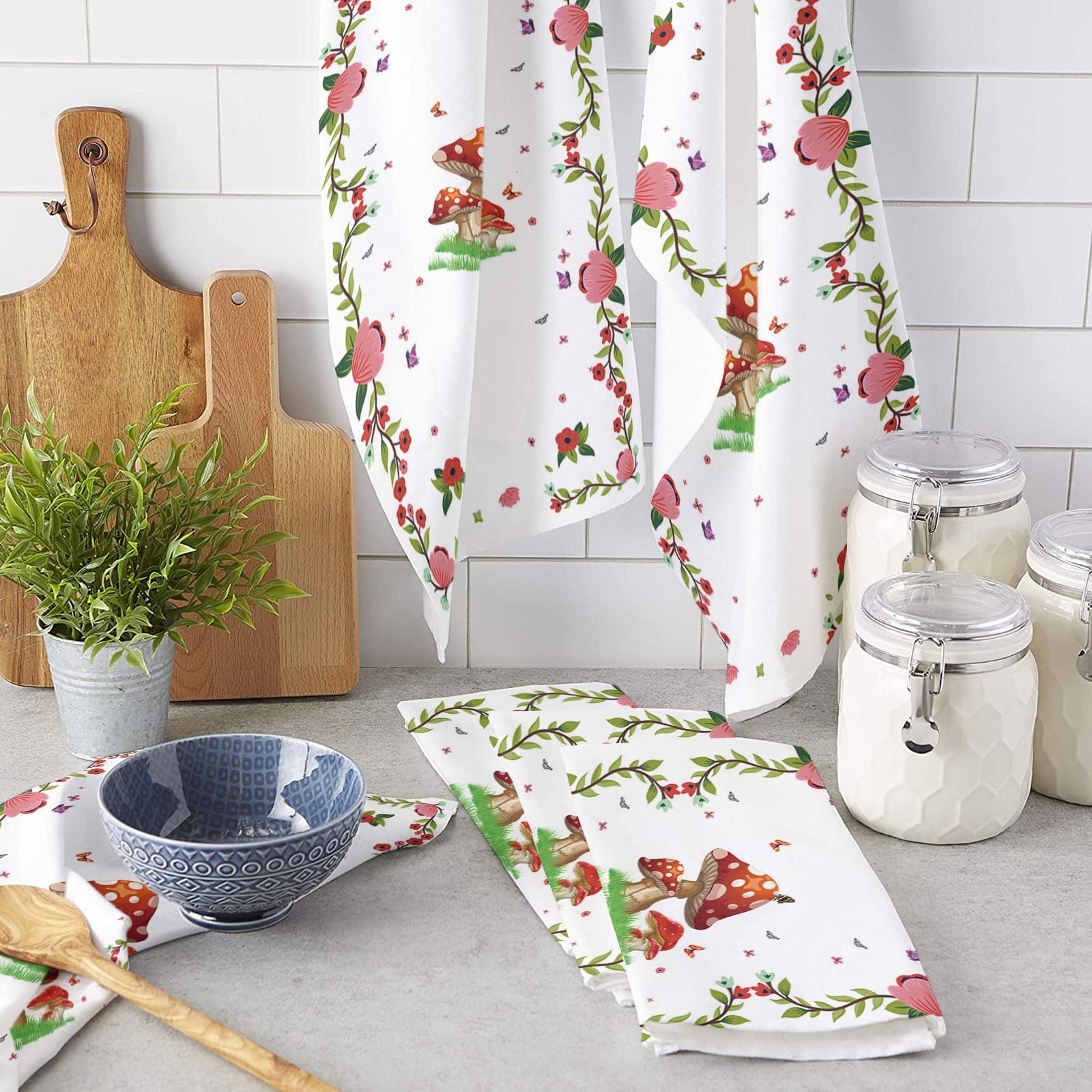 Dish Towels for Kitchen,Hand Towel Cleaning Cloths Country Forest Mushroom Absorbent Fast Drying Dish Rags,Flower Green Leaf Branch Frame Bathroom Cloth Set of 2 with Hanging Loop