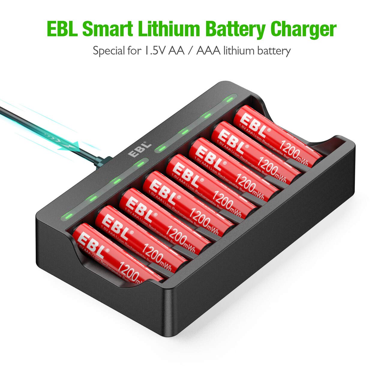 EBL AA AAA Lithium Batteries with Charger Combo 1.5V Rechargeable Battery 8-Pack AA Lithium Batteries 3000mWh & 8 Pack AAA Lithium Batteries 1200mWh with 8 Bay Battery Charger