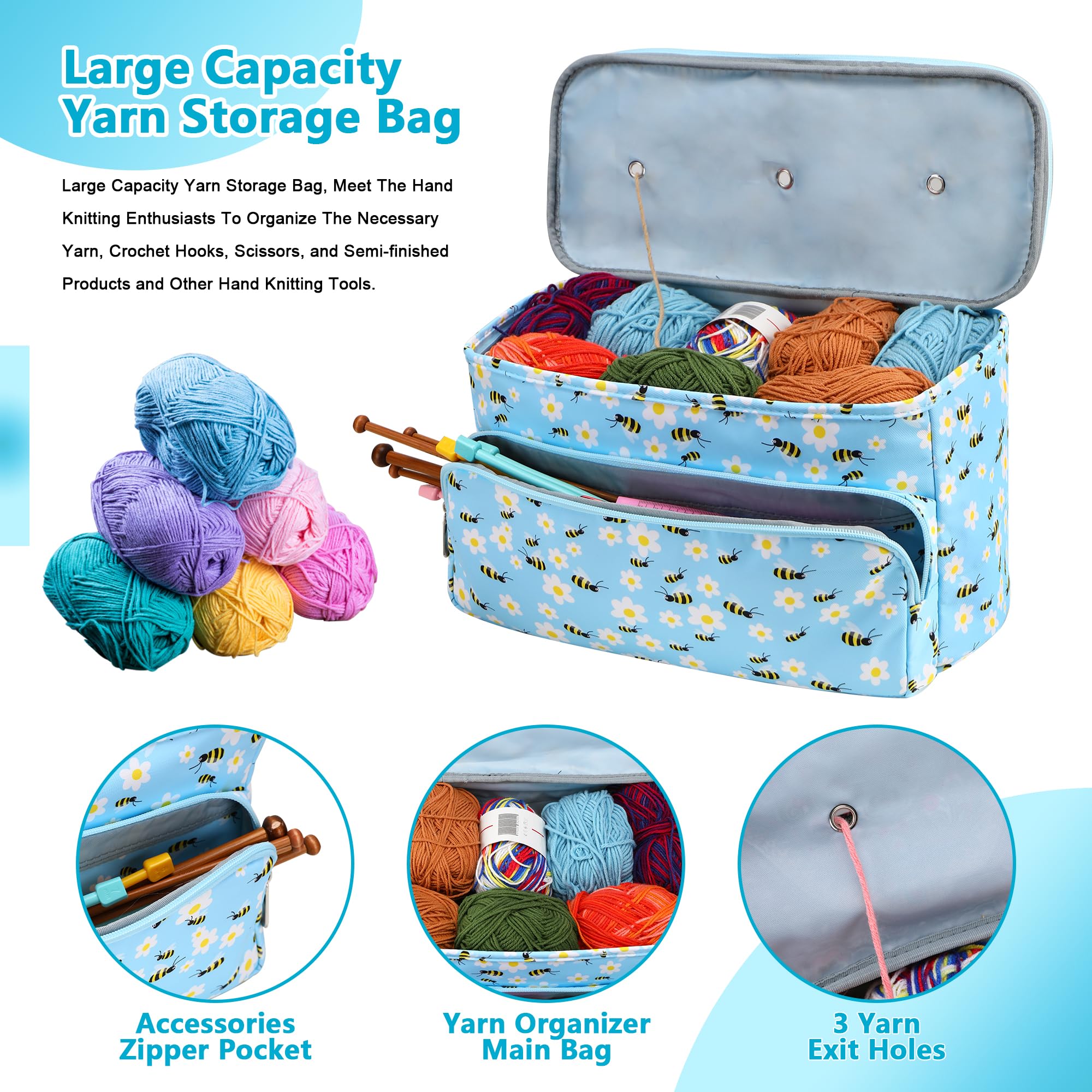 JOZEA Crochet Bag,Yarn Storage Organizer Tangle Free with 3 Grommets, Knitting project Bag and Totes Organizer Large Craft Supplies Bag(Honeybee)