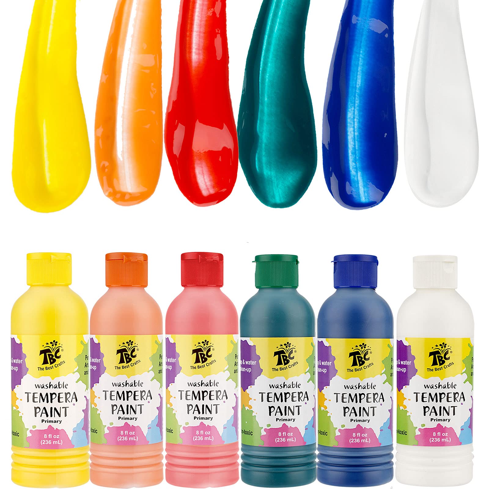 TBC The Best Crafts Washable Tempera Paint Set for Kids, 6 Vibrant Colors Large Volume (8 fl oz./236ml), Non-Toxic Craft Painting Supplies for DIY Projects, Tempera and Posters, Finger Painting