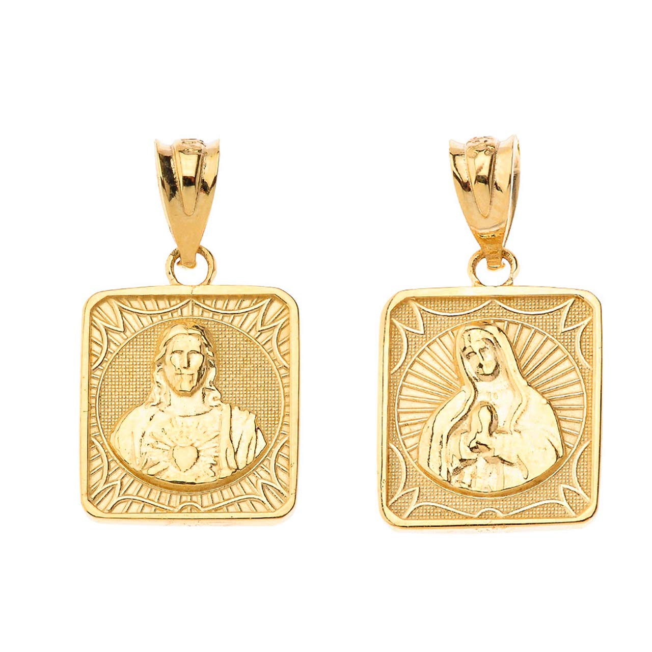 Certified 10k Gold Immaculate Heart of Mary/Sacred Heart of Jesus 0.87" Square Medal Reversible Pendant