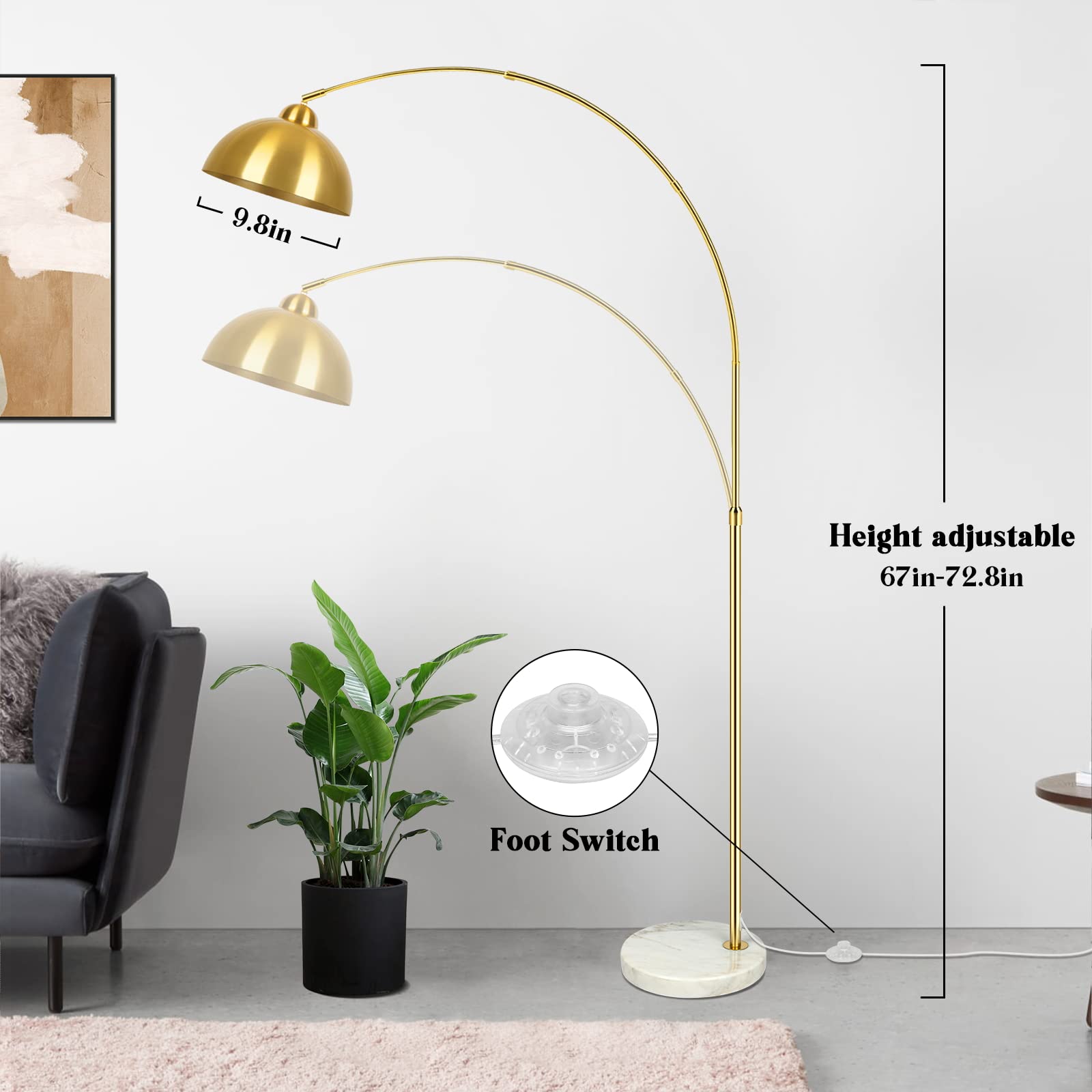 Contemporary Gold 73" Arc Floor Lamp with Hanging Dome Shade, Marble Base Adjustable Farmhouse Over The Couch Tall Stand Up Light, Industrial Task/Reading Standing Corner Lamp for Living Room Bedroom