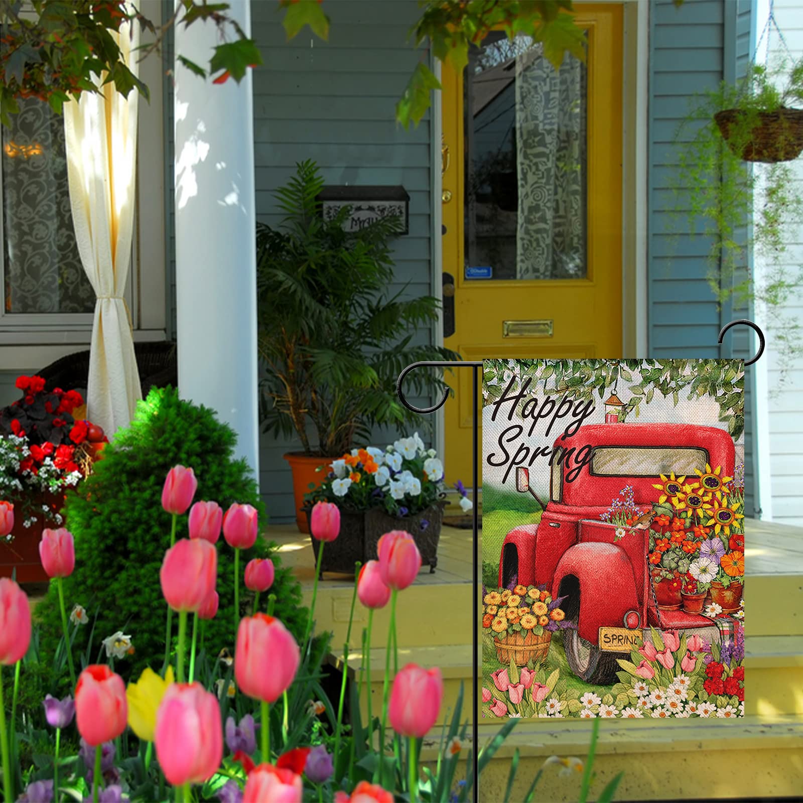 Furiaz Happy Spring Red Truck Small Garden Flag, Vintage Pickup Yard Outdoor Home Daisy Tulip Flowers Lawn Outside Decorations Double Sided 12x18