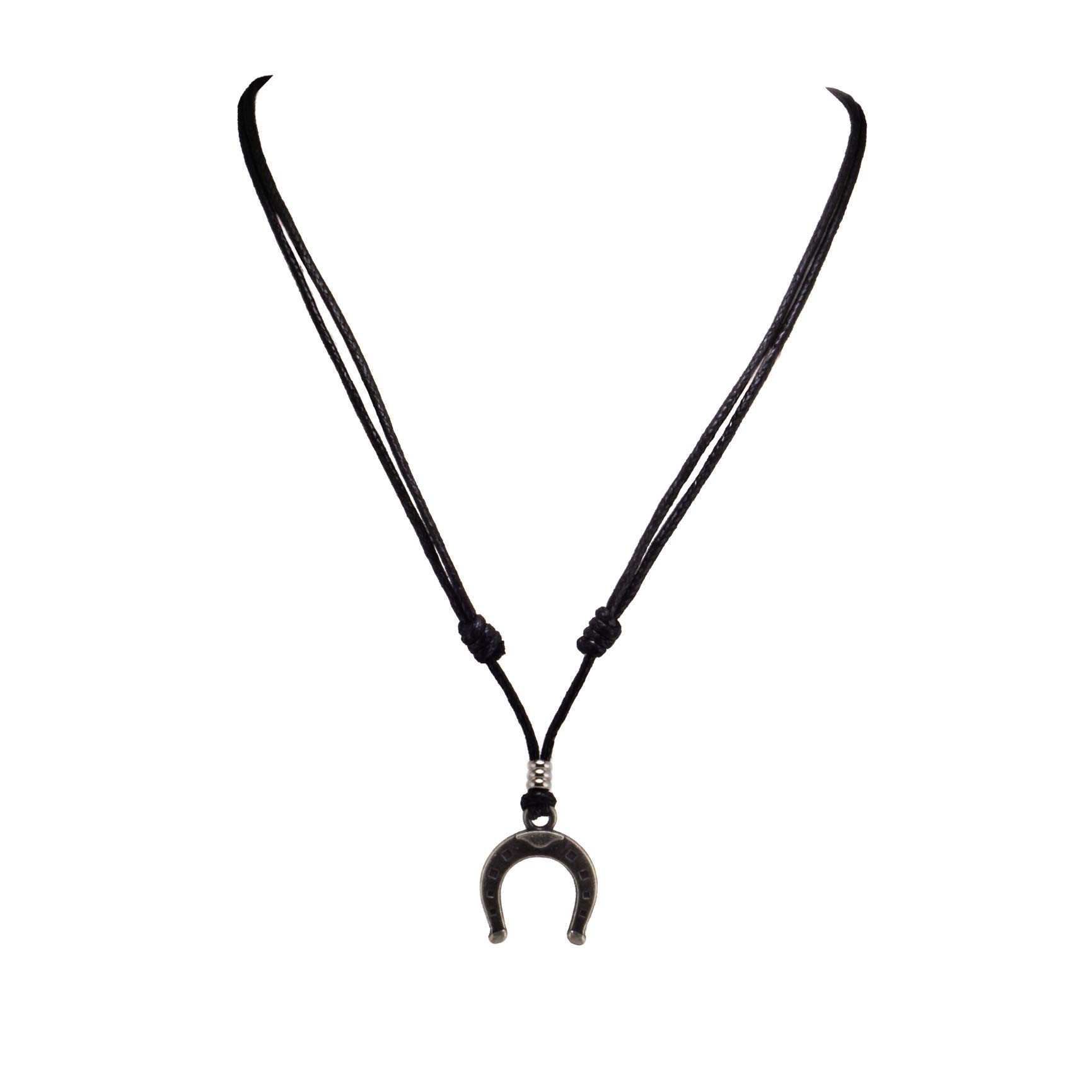 BlueRica Horseshoe on Adjustable Black Cord Necklace (Old Silver Finish)