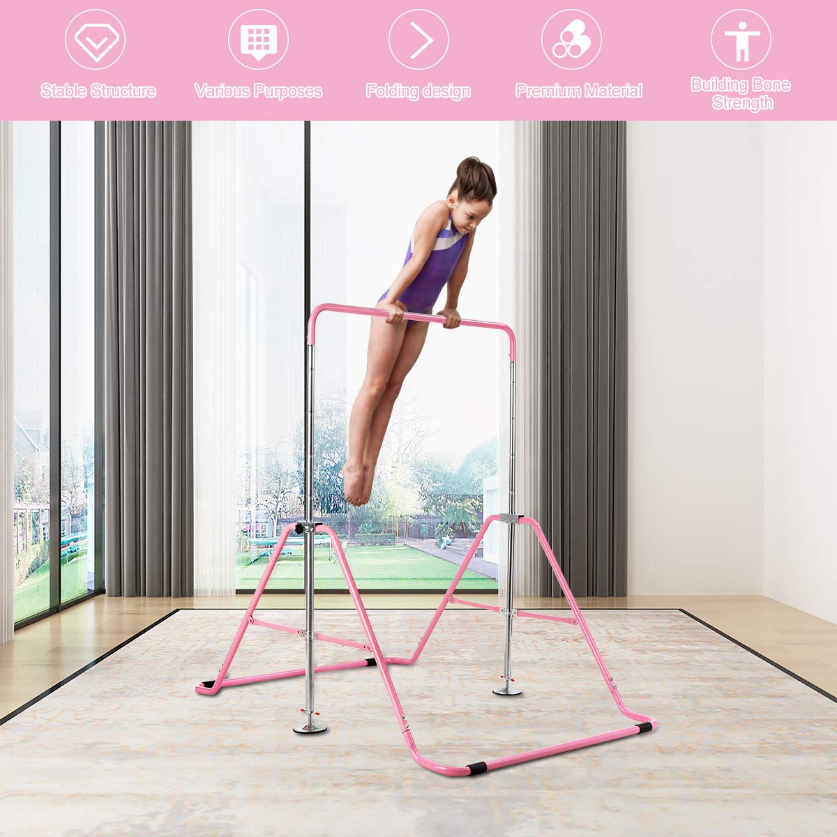 Costzon Expandable Gymnastics Training Bar, Folding Gymnastics Bar with Triangular Structure, 3 to 4.5 FT Height Adjustable Junior Horizontal Kip Bar, Training Monkey Bars for Kids Gymnasts (Pink)