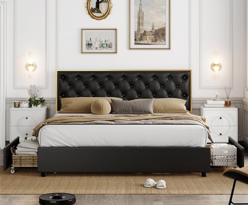 HIFIT Queen Bed Frame with 4 Storage Drawers, Faux Leather Queen Platform Bed Frame with Button Tufted Headboard, Heavy Duty Mattress Foundation with Wooden Slats, No Box Spring Needed, Golden & Black